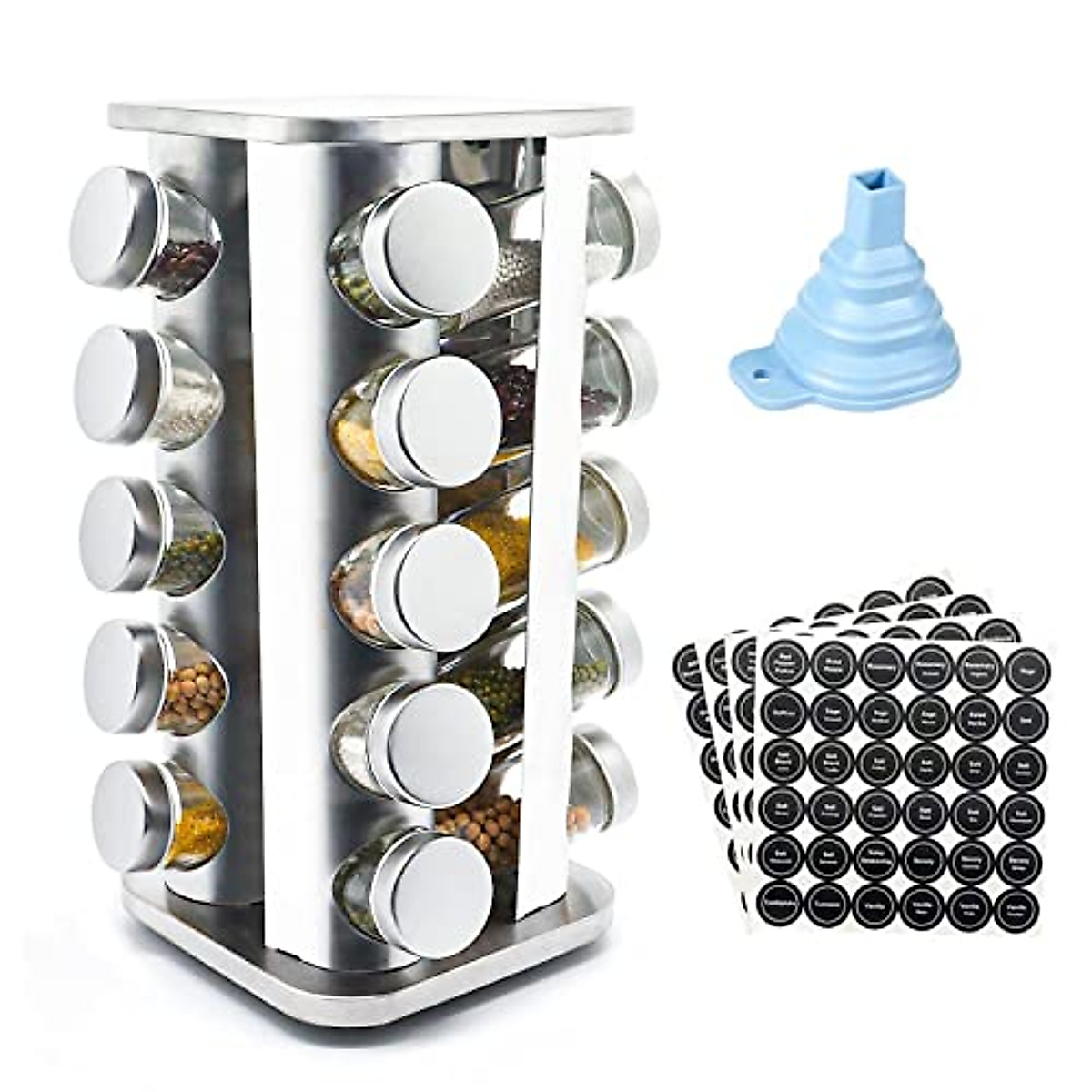 Brimeaws Revolving Spice Rack, Spice Rack Organizer for Cabinet, 20 Jar Rotating Seasoning Organizer Rack Tower Spinning Organizer with 180pcs Reusable Labels & Silicones Funnel for Kitchen