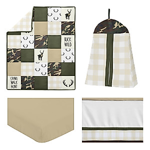 Sweet Jojo Designs Green and Beige Deer Buffalo Plaid Check Woodland Camo Baby Boy Crib Bedding Set - 4 pieces - Rustic Camouflage