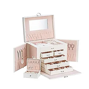 Smileshe Jewelry Box for Women Girls, PU Leather Large Storage Boxes with Portable Travel Case, Huge Lockable Display Organizer for Rings Earrings Necklaces Bracelets