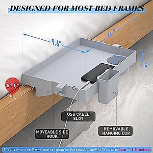 Ronlap Folding Bedside Shelf, Bunk Bed Shelf Organizer for Top Bunk Clip On Nightstand for Loft Bed Plastic Bedside Shelf Tray for Kids with Cupholder Hooks Hanging Cup, Small Size, Grey