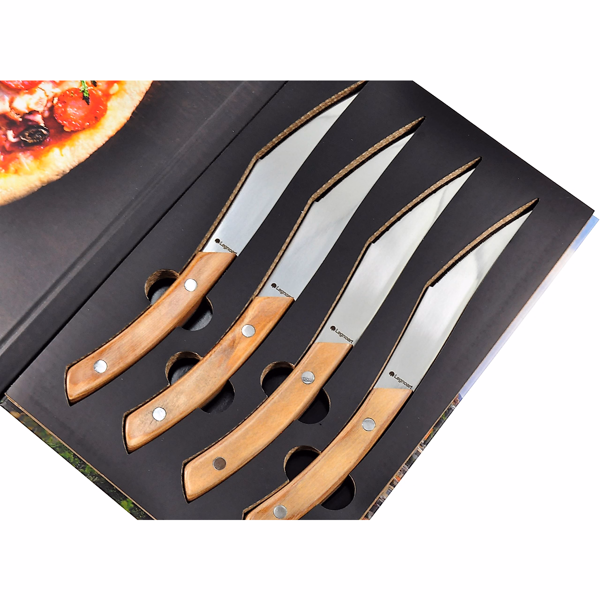 Legnoart Napoli 4-Piece Stainless Steel Pizza and Steak Knife Set with Light Wood Handle
