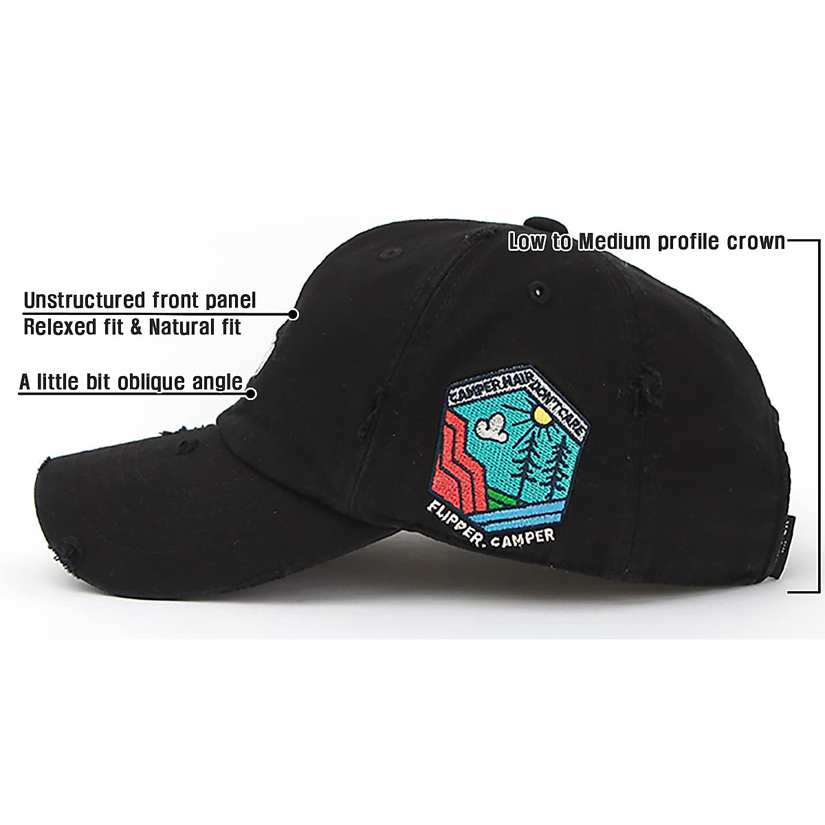 Flipper Adventurer Logo Washed Cotton Vintage Bullet Holes Distressed Baseball Cap Dad Hat Ballcap (Medium ~ Large, Black)