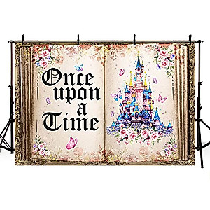 AIBIIN 7x5ft Once Upon a Time Backdrop Fairy Tale Books Castle Pink Floral Princess Romantic Story Old Opening Book Photo Background Wedding Baby Shower Birthday Party Decorations Banner Photo Props