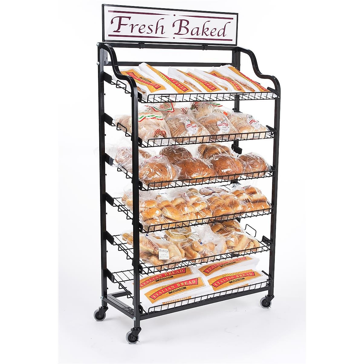 Displays2go Standing Metal Wire Rack with Two Optional Sign Holders, Wire Storage Rack and Wheels, Black (BAKCRT6WBK)