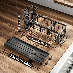 SWTYMIKI Sponge Holder for Kitchen Sink - Sink Caddy with Brush Holder Self-draining Kitchen Sponge Caddy Organizer with Divider Stainless Steel Sink Accessories Storage for Countertop, Black