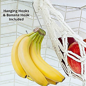 Fruit Hammock - Hanging Fruit Basket - Produce and Veggie Storage for Kitchen Under Cabinet - Banana Hook - Macrame Boho Modern (Natural)