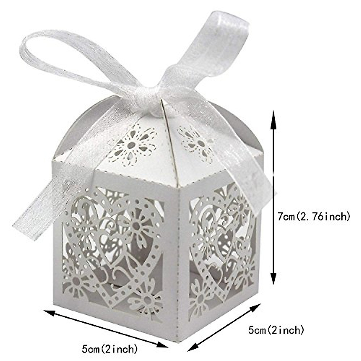KPOSIYA 100 Pack Love Heart Laser Cut Wedding Party Favor Box Candy Bag Chocolate Gift Boxes Bridal Birthday Shower Bomboniere with Ribbons
