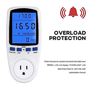 Power Meter Plug, Power Consumption Monitor Electricity Usage Monitor Analyzer Home Energy Consumption Analyzer with Digital LCD Display, Overload and 7 Display Modes for Energy