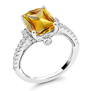 Gem Stone King 925 Sterling Silver Yellow Citrine and White Created Sapphire Ring For Women (3.25 Cttw, Cushion 10X8MM, Gemstone Birthstone, Available In Size 5, 6, 7, 8, 9)