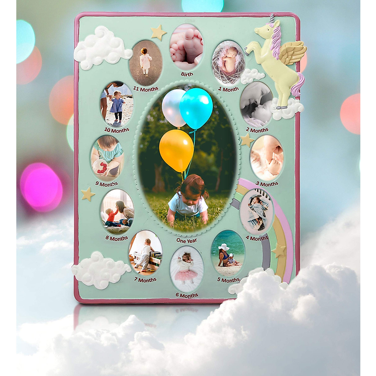 Mozlly Mint Green Unicorn Baby First Year Collage Photo Frame Standard 4 X 6 Inch Photo at The Center Nursery Room Decor Mythical Fantasy Creature Picture Frame for Baby Girls from Birth to 1 Year