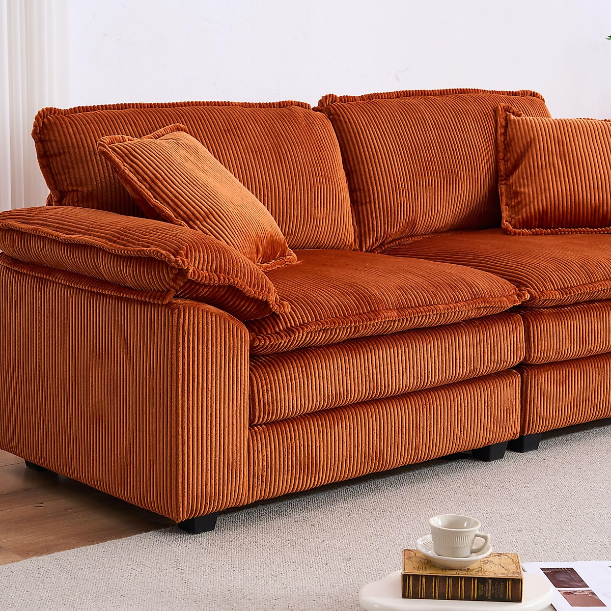 KEVINSPACE Modern Sectional Sofa for Living Room Deep Seat Couch with Moveable Ottoman 84.6" Modern Comfy Sleeper Sofa Double-Upholstered Modular Sofa Wide Loveseat Couches Apartment Bedroom Orange