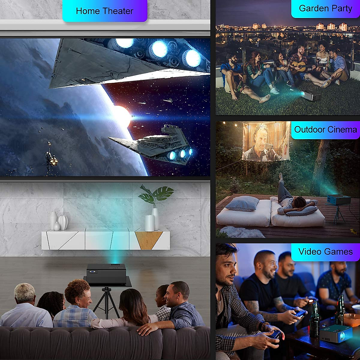 Mini Projector Native 720P Full HD, Portable Video Projector Outdoor Movie Projector, LED Home Theater Projector 1080P and 300" Supported, Compatible with PS4, PC, VGA, TV Stick, HDMI, AV and USB