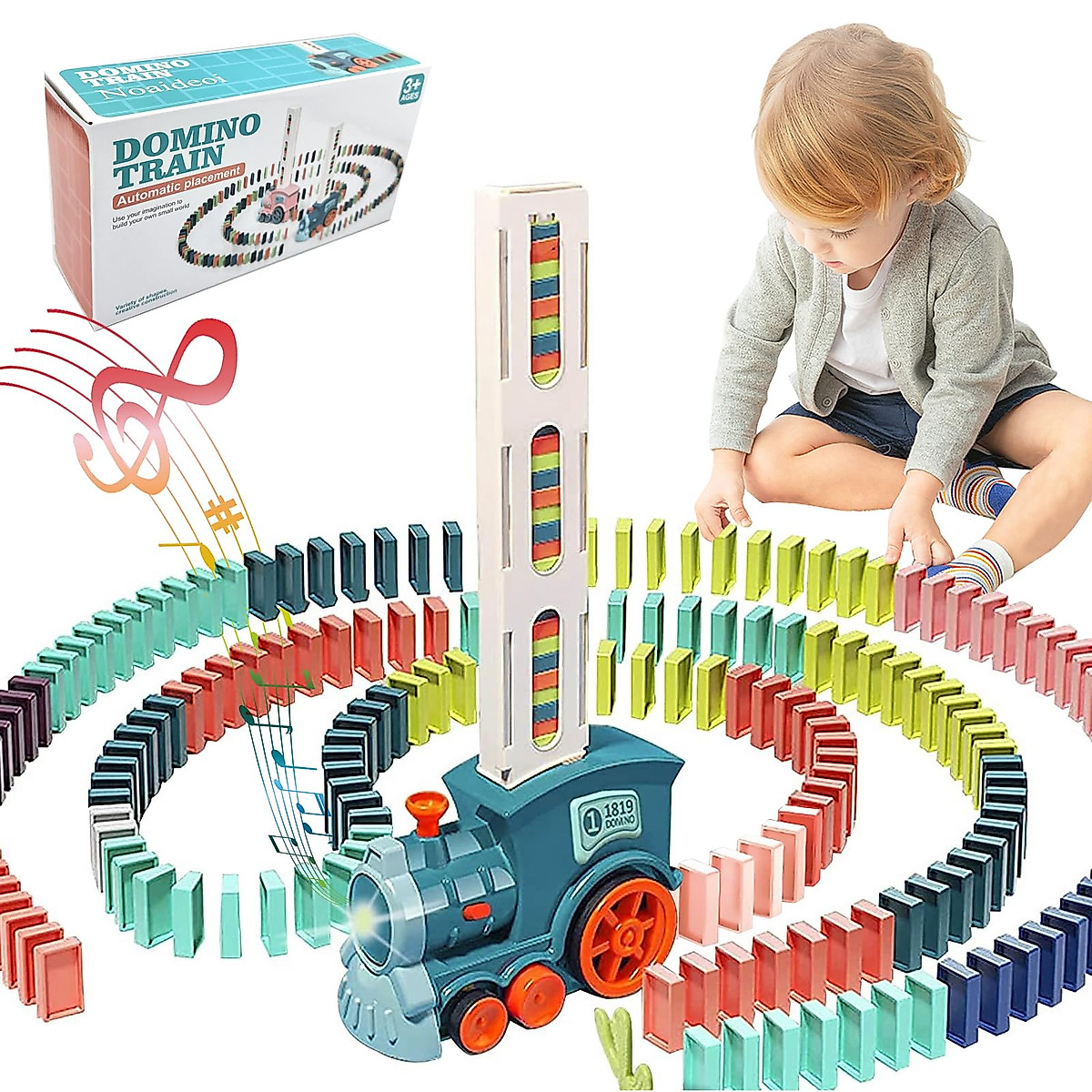 Noaideoi Domino Train Toy Set for Kids, 100 Pcs Automatic Dominoes Blocks Building and Stacking Toys Creative Kids Games Early Education Christmas Birthday Gift Boys Girls Age 3-12(Cyan)