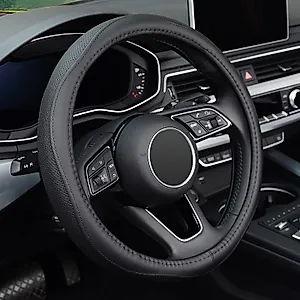 KAFEEK Steering Wheel Cover, Universal 15 inch, Microfiber Leather, Anti-Slip, Odorless, Black Lines