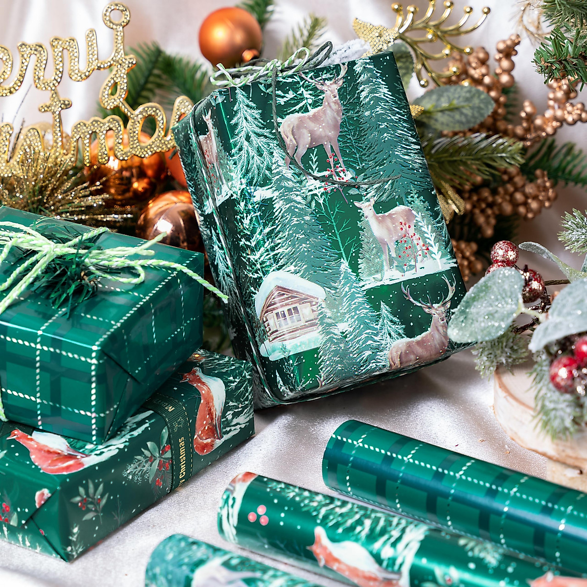 LeZakaa Christmas Green Wrapping Paper Roll - Mini Roll - Fox, Squirrel, Reindeer & Chrismas Tree, Green Plaid for Christmas Holiday Party - 17 x 120 inches - 3 Rolls (42.5 sq.ft.ttl.)