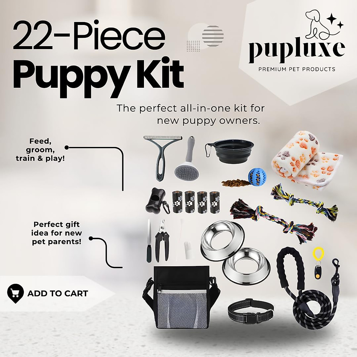 PupLuxe Puppy Starter Kit | Black 22 Piece Puppy Kit Great for Dog Training Kit | A Great Welcome Puppy Gift | New Puppy Kit Great for First Time Owners and Experience Owners | New Dog Bundle