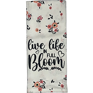 Set of 4, 100% Cotton, Spring Flower with Sentiment Live Life in Full Bloom Kitchen Towel Set, Include 2 Kitchen Towels, 1 Pot Holder & 1 Ovenmitt.