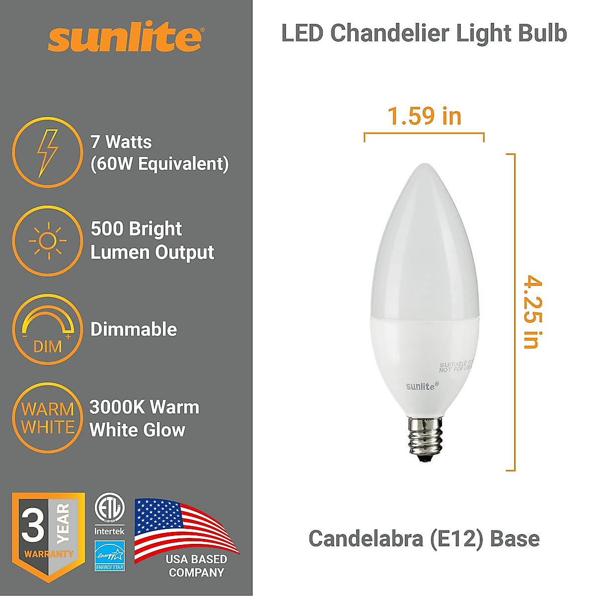 Sunlite 80786 LED B11 Frosted Torpedo Tip Chandelier Light Bulb, 7 Watts (60W Equivalent) 500 Lumens, Candelabra E12 Base, Dimmable Energy Star and ETL Certified, 3000K Warm White, 1 Count