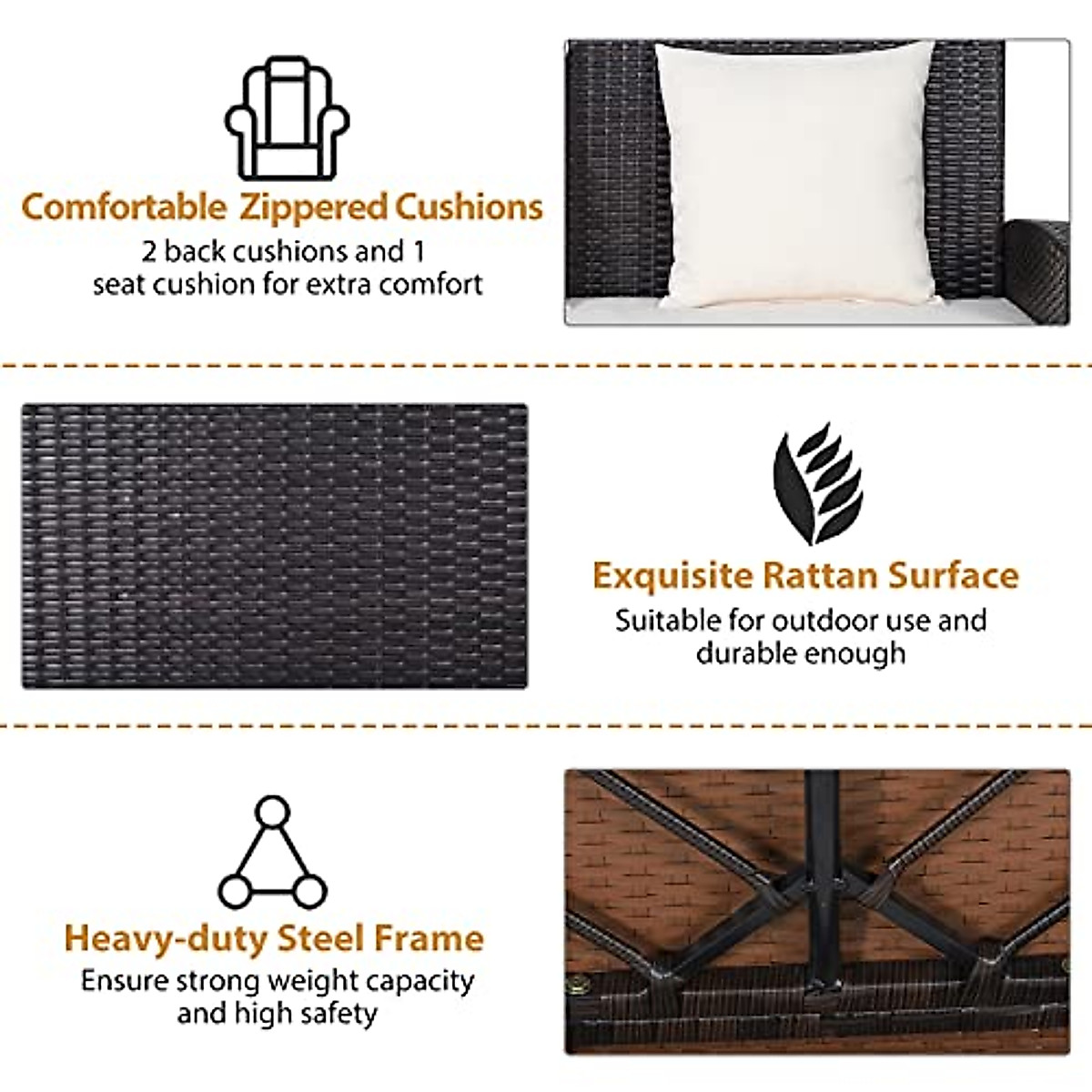 Happygrill Porch Swing Bench Outdoor 2-Person Patio Rattan Swing Chair with Soft Cushions, 7.9ft Reinforced Steel Chain, Solid Steel Frame, Perfect for Backyard, Poolside, Front Porch White