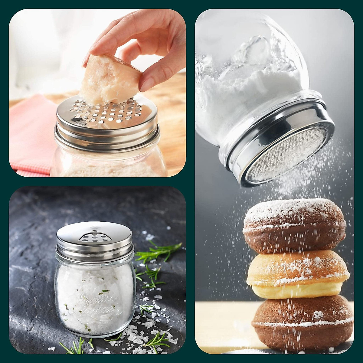 Bormioli Rocco Quattro Stagioni Variety Pack, Set Of 3 Mason Jars - Salt And Spice Shaker - Grater - Sifter, Strainers, Sieve - 8.5 Oz. Durable Glass, Stainless Steel Lid, Made In Italy.