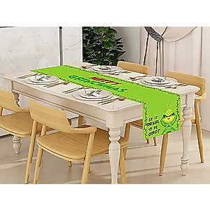 Linen Grinch Christmas Table Runner 72 Inches Long Grinch Decor Green Whoville Christmas Xmas Winter Holiday Home Kitchen Dinging Room Table Decorations