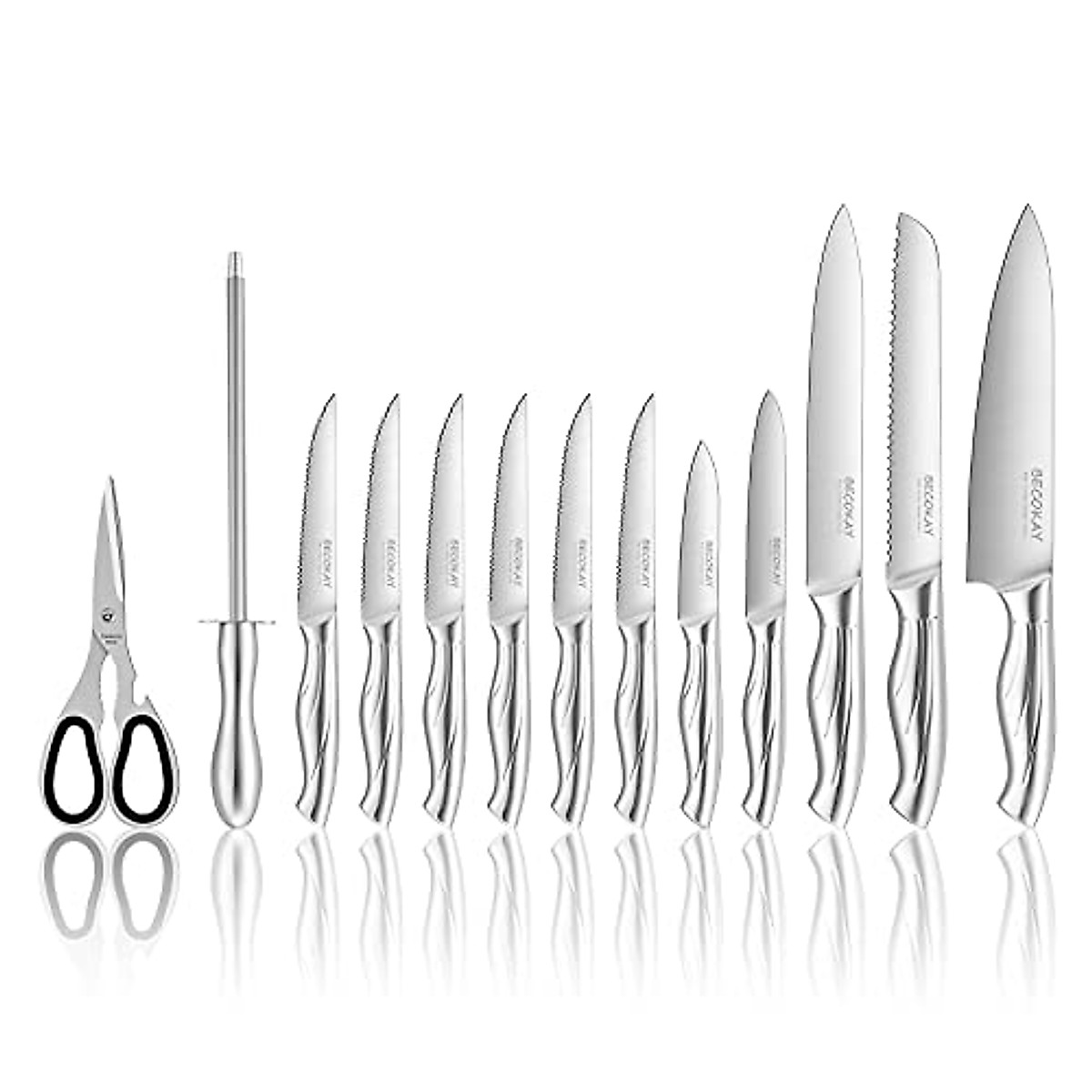 Premium Chef Knife Sets,14-Piece Kitchen Knives with Acrylic Stand, Full Tang Designed, High Carbon Stainless Steel Cutlery With Knife Sharpener & 6 Steak Knives, Ergonomic Handle & Gifted Box(Silver)