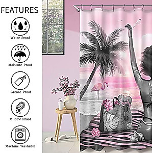 4Pcs American African Black Girl Shower Curtains Sets with Rugs for Bathroom Non-Slip Rugs and 12 Hooks, Bath Mat and Toilet Lid Cover ,Pink Beach Black Girl Bathroom