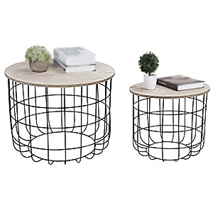 LIRUXUN 2pcs Living Room Storage Side Table Set Coffee Table with Metal Basket and Wood Tabletop