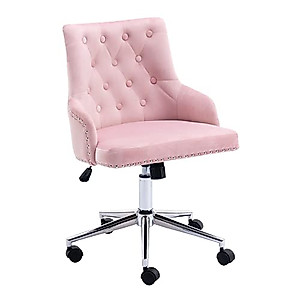 Pink Desk Chair Velvet Office Chair with Wheels Tufted Vanity Chair Fabric Task Swivel Armchair for Bedroom Living Room