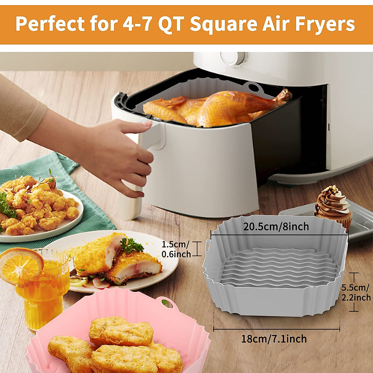 OUTXE 2-Pack Square Silicone Air Fryer Liners 8 inch for 4 to 7 QT, OUTXE 2-Pack Dual Air fryer Silicone Liners for 8 to 10 QT Ninja DZ201/ DZ401