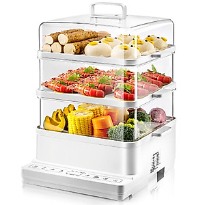 SUSTEAS Food Steamer for Cooking - 13QT Vegetable Steamer with 24H Booking & 60Min Timer, Electric Steamer with Digital Display and 3 Tier Stackable Trays, Auto Shut-Off & Boil Dry Protection