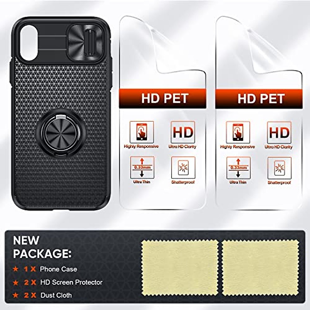 LeYi for iPhone XR Case: iPhone XR Phone Case with [2 Pack] HD Screen Protectors, Armor Defender Non-Slip Textured Back with Camera Cover & Stand Case for iPhone XR, Black