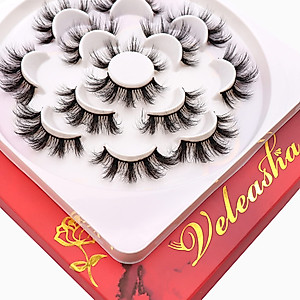 Veleasha 5D Faux Mink Lashes Handmade Luxurious Volume Fluffy Natural False Eyelashes 7 Pairs (Sugar)