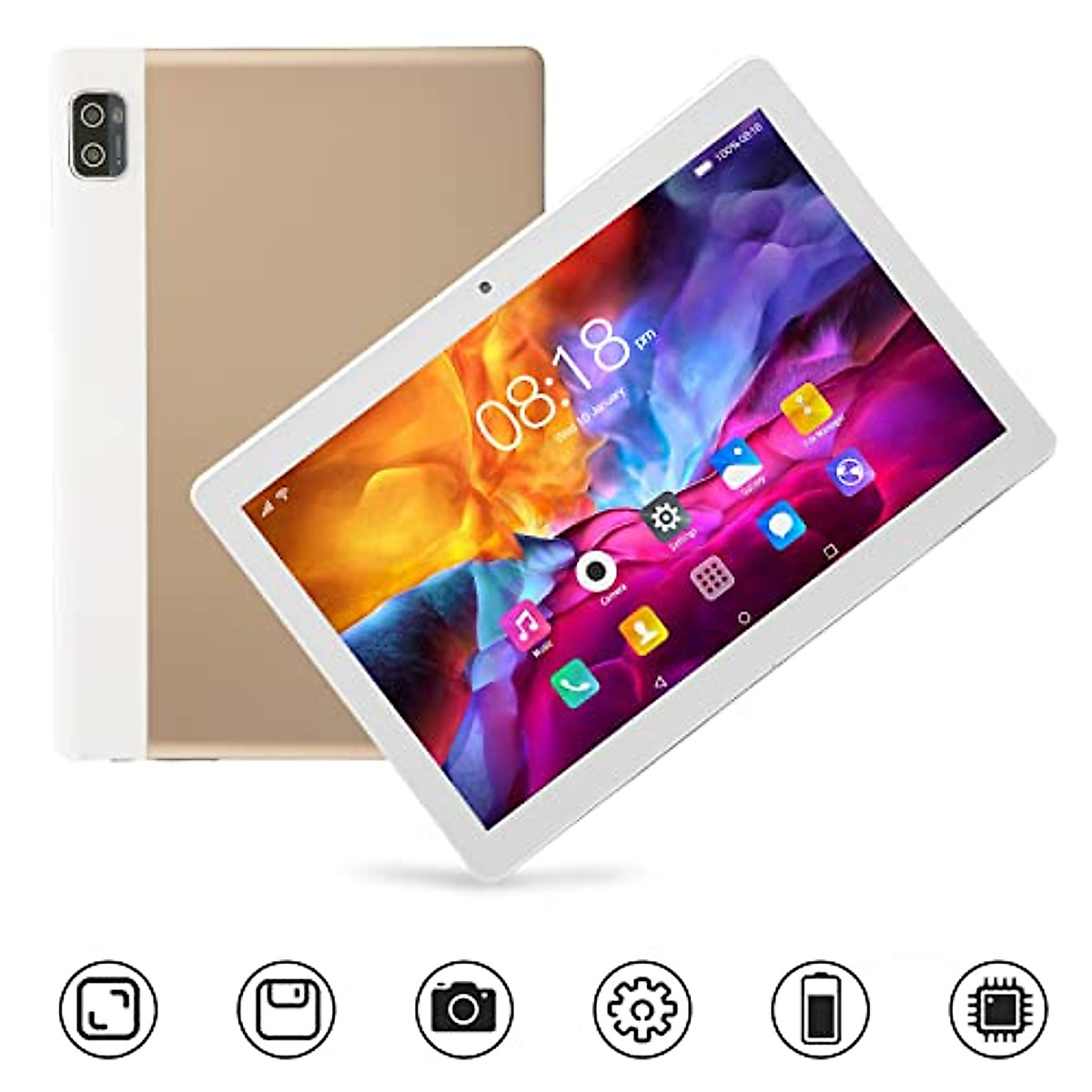 HEEPDD 10.1 Inch Tablet 6GB 128GB 5G WiFi Calling Tablet MT6592 10 Core Calling Tablet for Android 12 Gold for Study (US Plug)