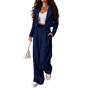 PRETTYGARDEN Women's 2 Piece Casual Outfits Cropped Blazer Jackets High Waisted Wide Leg Work Pants Suit Set (Navy,Large)