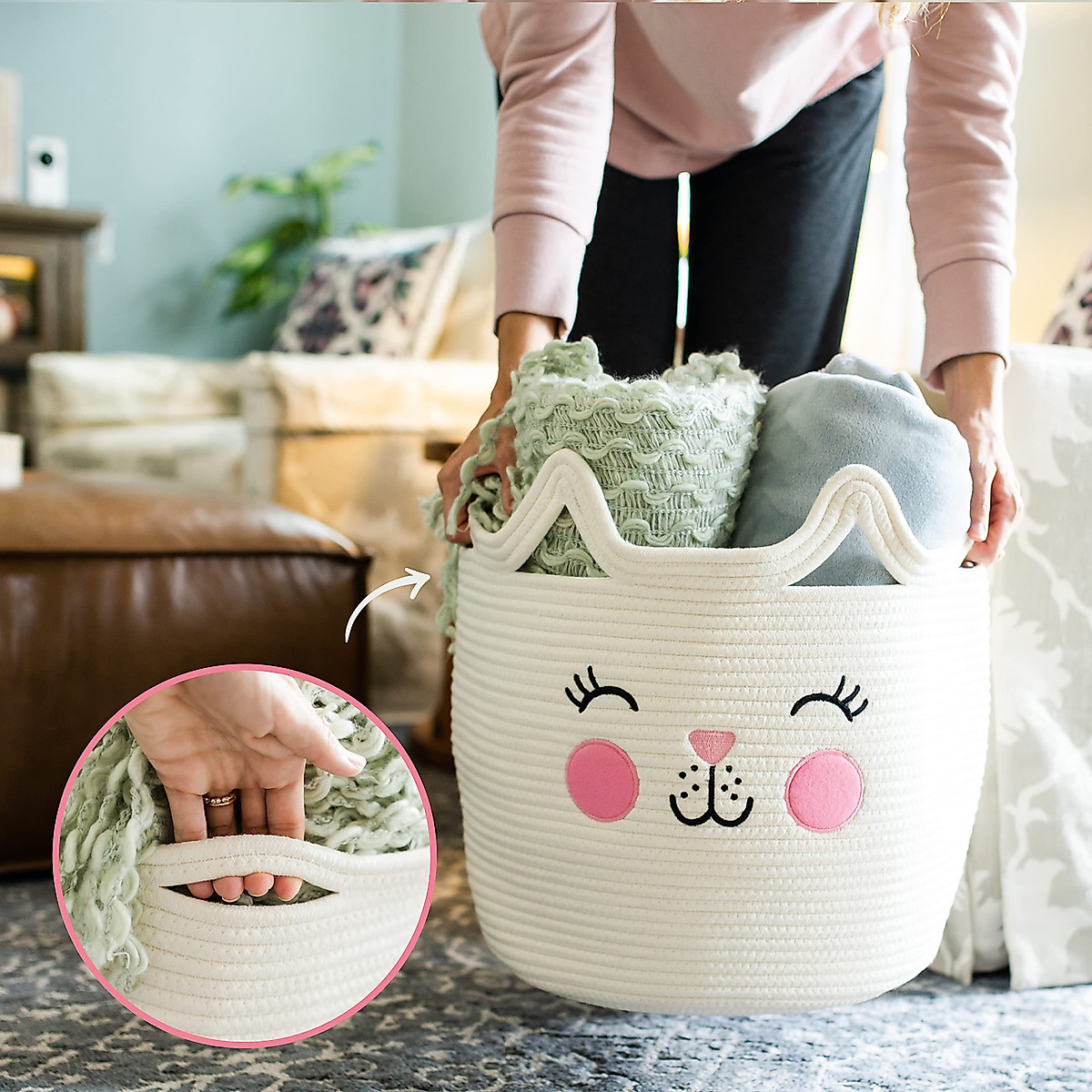 Cat Basket Clothes & Toy Organizer, Cat Toy Basket for Cat Decor, Baby Hamper, Laundry & Blanket Basket Storage for Cat Lovers – Cute Baskets for Gifts