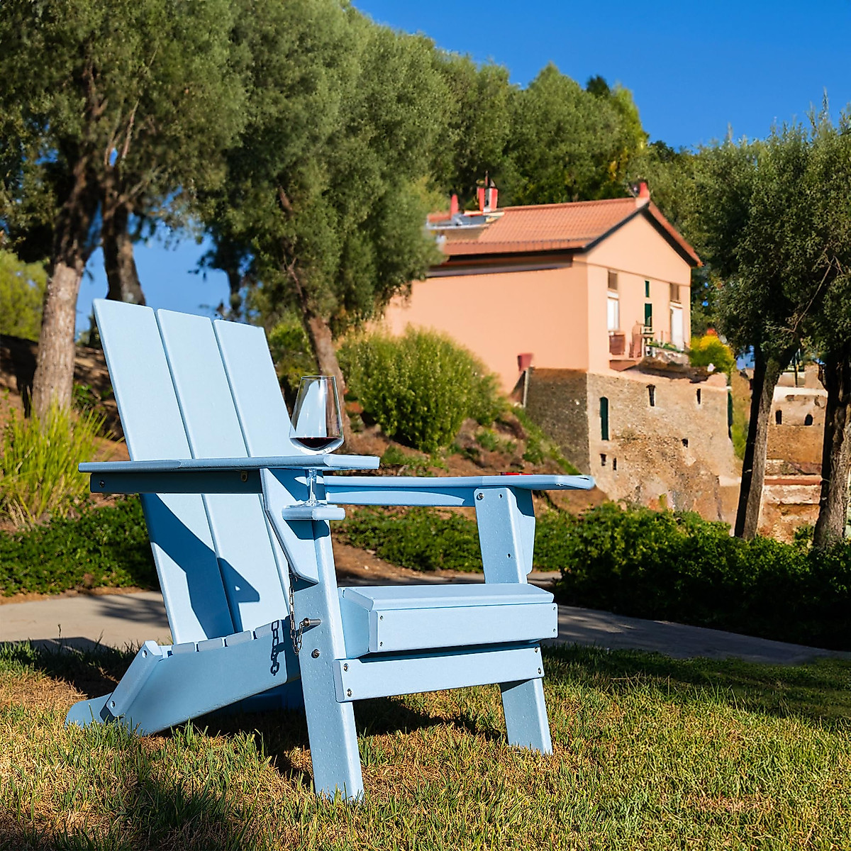 RESINTEAK Folding Adirondack Chair with Cup Holder - Extra Wide Comfort Seat, Patio Furniture for Outdoor Fire Pit, Deck, & Backyard, Newport Collection (Blue)