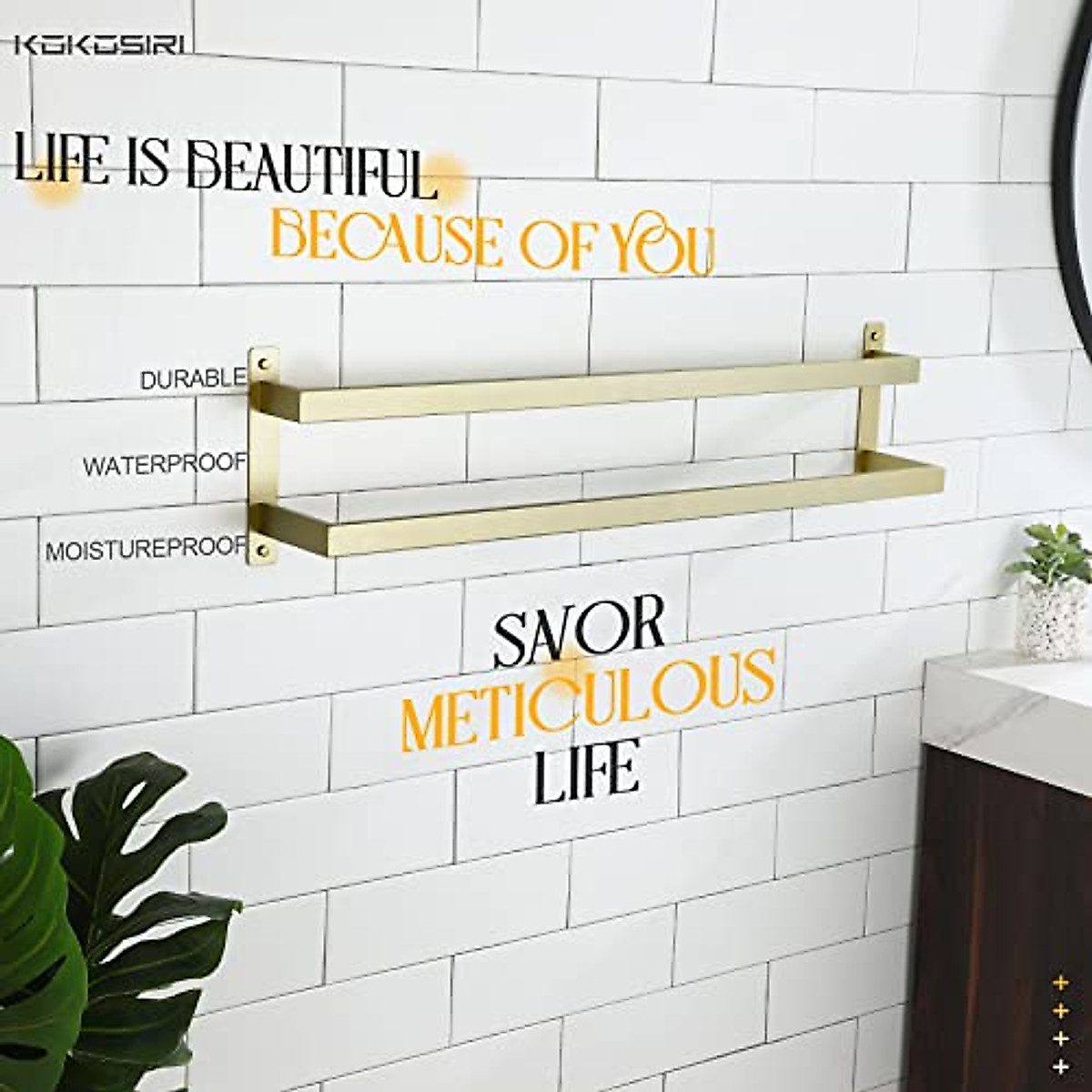 KOKOSIRI 32'' Towel Bars Bathroom 2-Tiers Ladder Bath Towel Hook Wall Mount Square Robe Hook Coat Hook Brushed Gold B5008BG-L32+B1010BG-P2