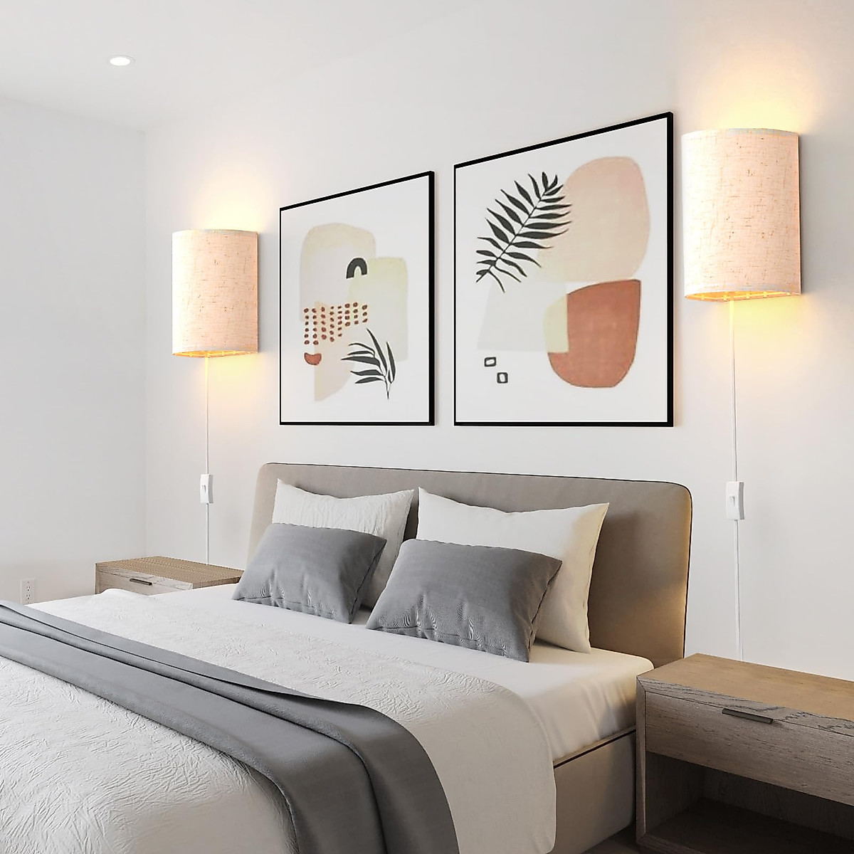 Lenarinter Wall Lamp with Plug in Cord Set of 2, Battery Operated Wall Sconces with RGB Smart Bulb & Switch Control, Linen Fabric Shade, Indoor Wall Lights for Bedroom Living Room Hallway