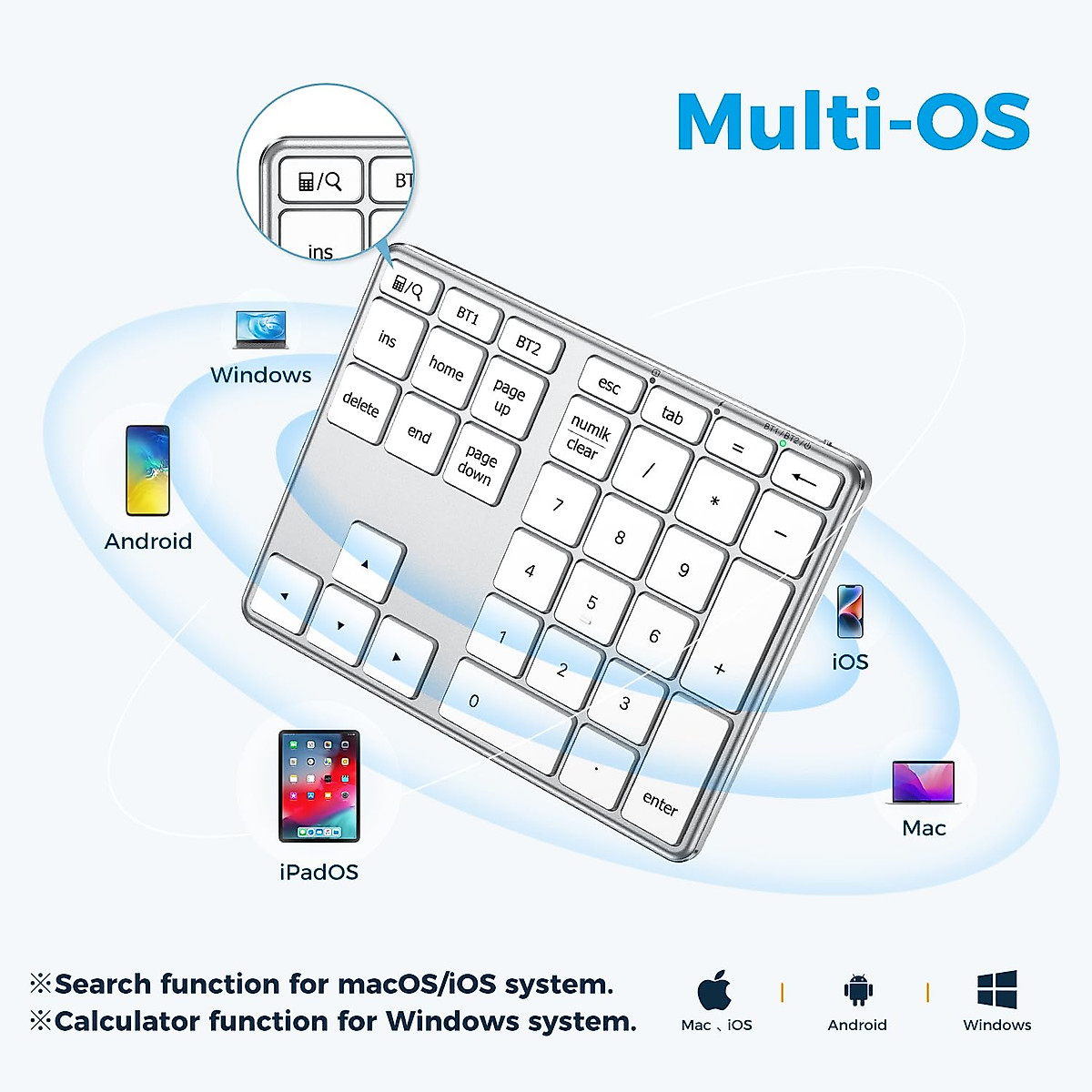 Number Pad for Laptop, iClever Bluetooth Number Pad, USB-C Charge, Aluminum Build, Multi-Device Wireless Number pad for Data Entry, Compatible with Mac, iMac, Tablet, Laptop, PC Desktop