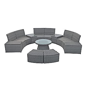 DHPM 10-Piece Half-Moon Sectional Patio Furniture Set Curved Outdoor Sofa with Tempered Glass Round Coffee Table, Light Gray