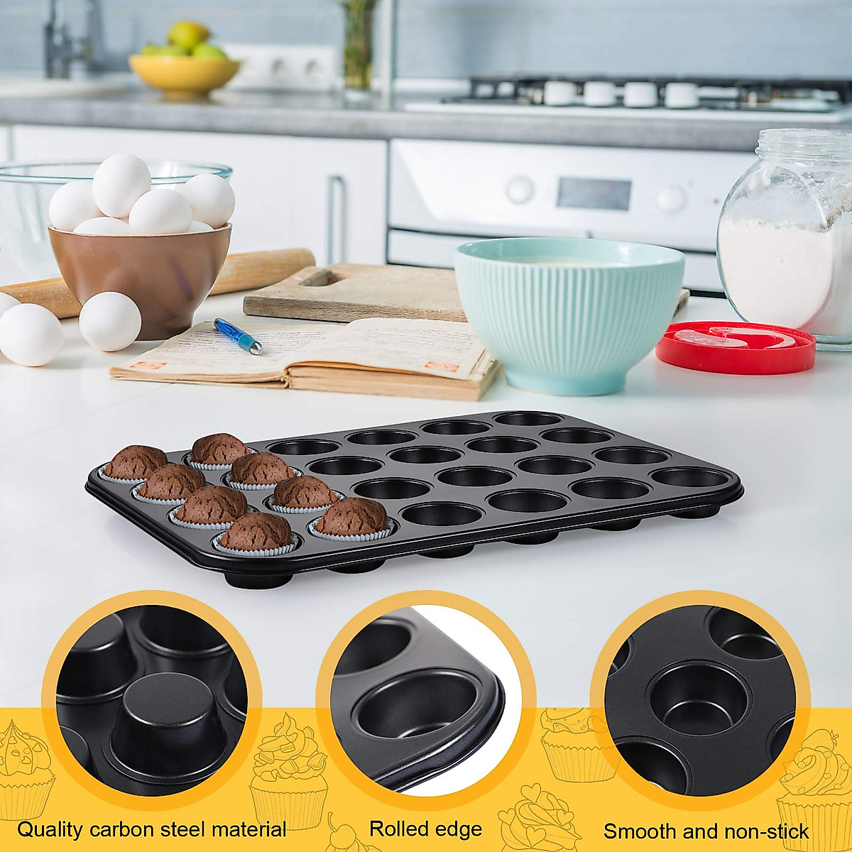 3 Pieces 24 Cups Mini Muffin Pans Carbon Steel Cupcake Tin Trays Kitchen Cupcake Pans Nonstick Baking Pans for Baking Brownie, Cake, Dessert