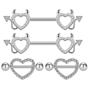 BODY16G CZCZ 2 Pairs 14G Heart Nipple Ring 316L Surgical Steel Nipple Barbell Demon Nipple Rings Body Piercing Jewelry CZ Inlay Nipple Piercing Retainer for Women Men