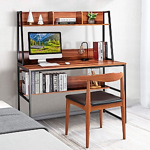Tangkula Computer Desk with Hutch & Bookshelf, 47 Inches Space Saving Writing Study Table Home Office Desk, PC Laptop Table Workstation with w/ 3 Open Storage Space & Bottom Bookshelf (Brown)