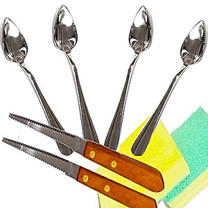 Four (4) Grapefruit Spoons and Two (2) Grapefruit Knives, Stainless Steel, Serrated Edges With BONUS Sponges