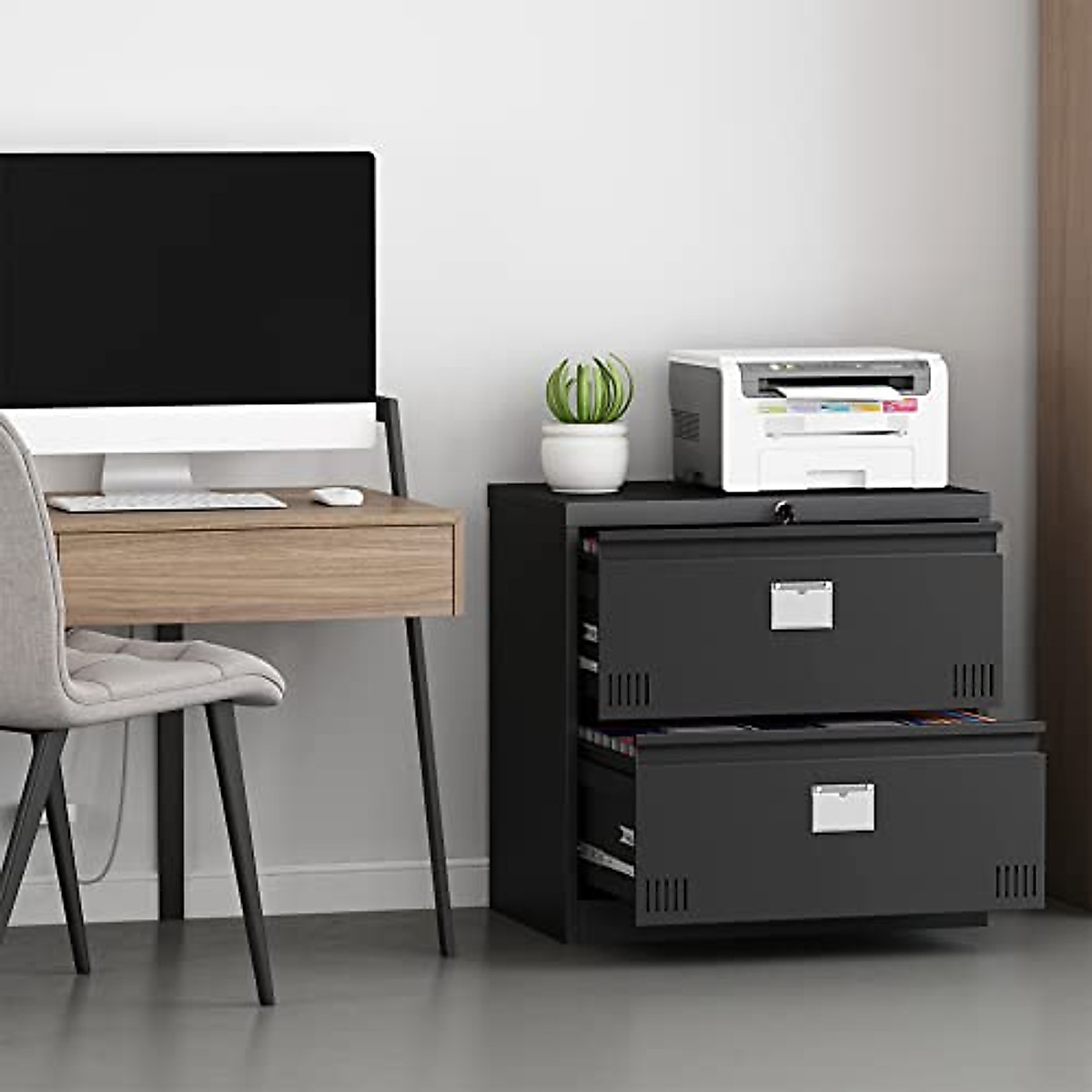 kingwolfox Lateral File Cabinet with Lock, Metal Lateral Filing Cabinet for Home Office, Metal Horizontal File Cabinet with Card Slot Large Storage Space