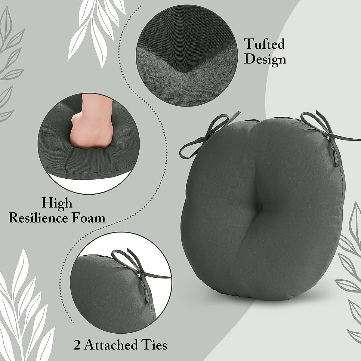 LOVTEX Bistro Chair Cushions Set of 4, Outdoor Round Chair Cushions 15 Inch, Waterproof Round Outdoor Cushions with Ties, Dark Gray Outdoor Chair Cushions for Patio Furniture