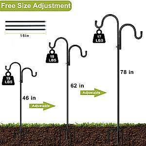 Double Shepherds Hook for Outdoor,78 Inch Bird Feeder Pole with 5 Prongs Base,Adjustable Heavy Duty Garden Hanging Holder for Hanging Plant,Solar Light,Weddings Decor,Hummingbird Feeder（1 Pack）