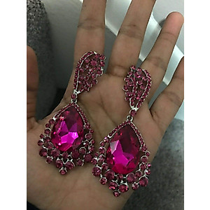 3.25" Long Hot Pink Fuchsia Dangle Pageant Rhinestone Crystal Silver Earrings