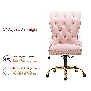 ZHENGHAO Velvet Vanity Chair with Gold Swivel Base, Upholstered Tufted Accent Office Desk Chair, Adjustable Armless Task Chair for Women Living Room Bedroom Makeup, Blush Pink